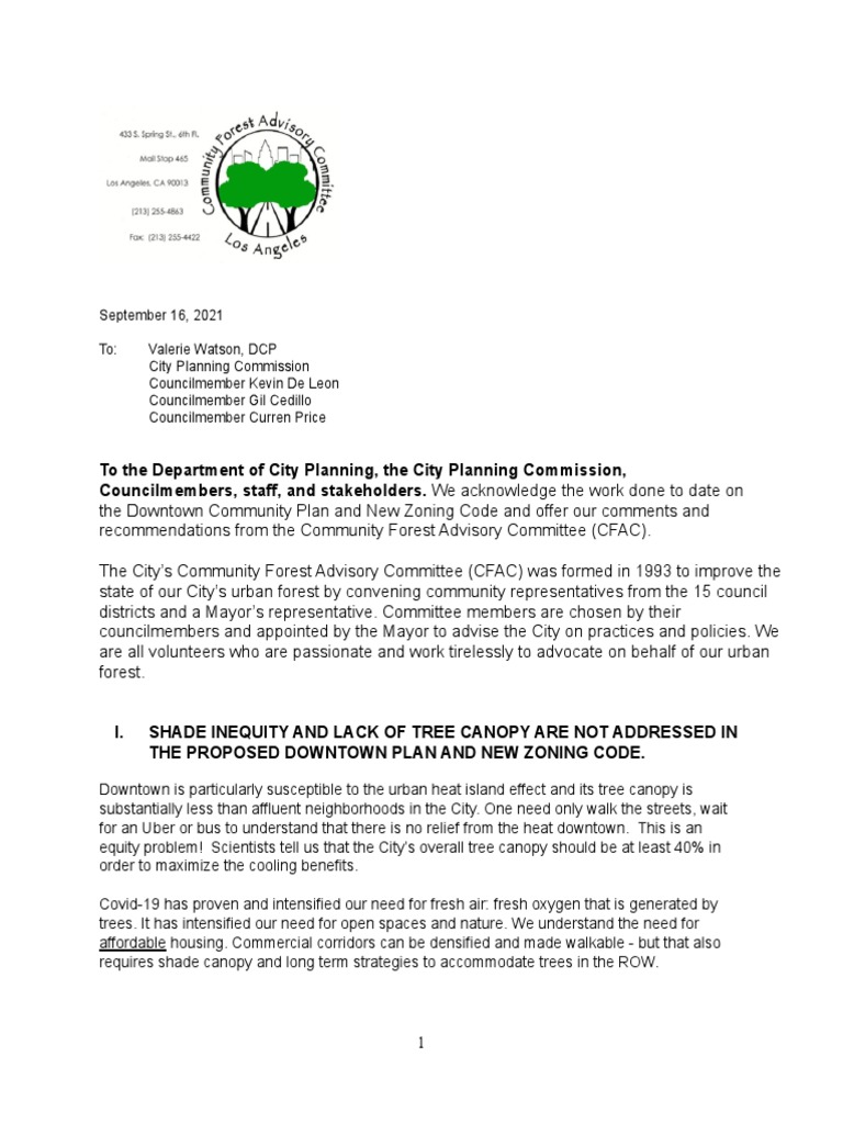 Community Forest Advisory Committee (CFAC) Letter To Los Angeles City ...