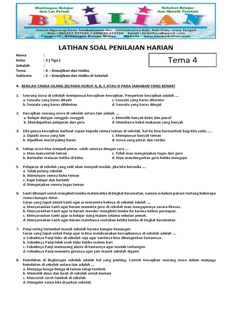 Soal Tema 4 Kelas 3 SD Subtema 2 Kewajiban Dan Hakku Di Sekolah ...