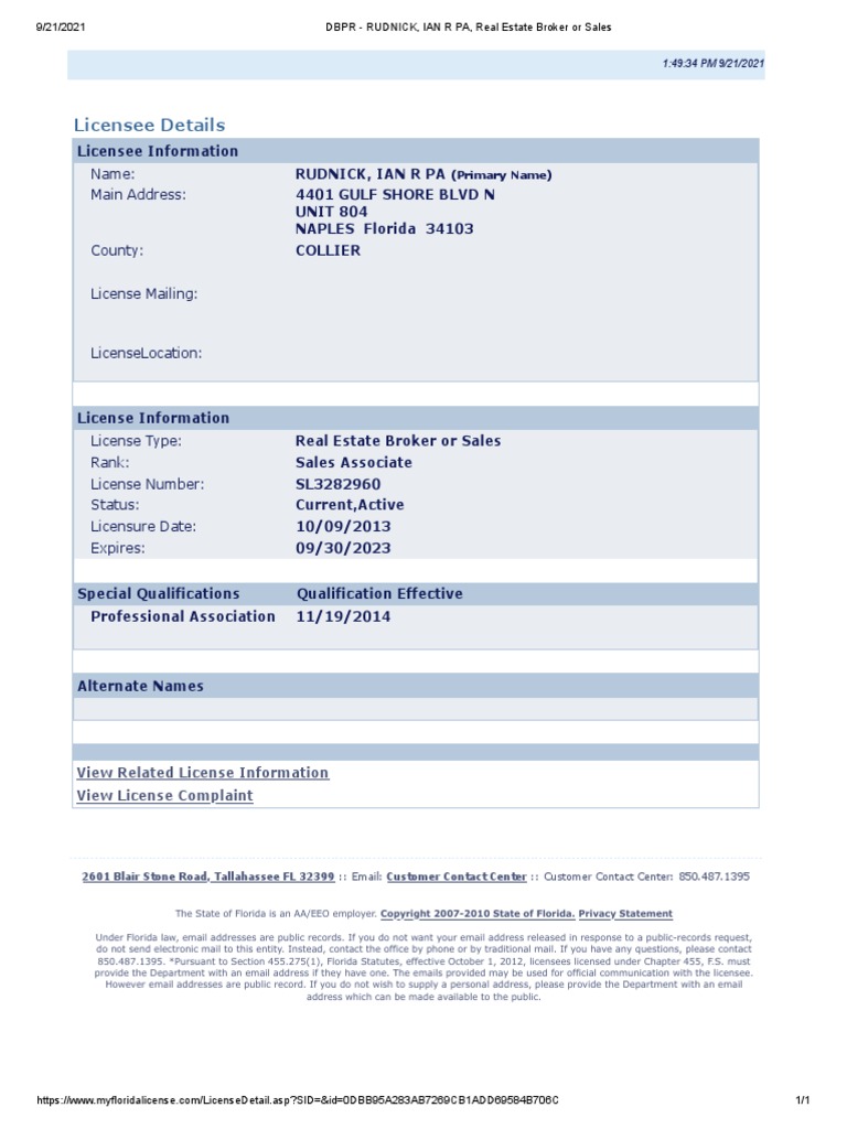 Ian Rudnick Real Estate Broker or Sales License - DBPR 2021 | PDF ...