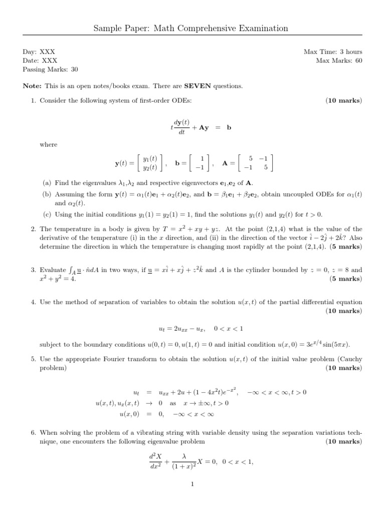 Sample Paper: Math Comprehensive Examination | PDF | Applied Mathematics | Eigenvalues And ...