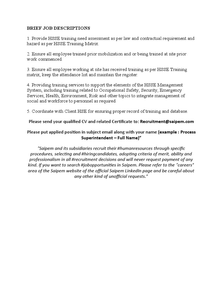 Brief Job Descriptions | PDF