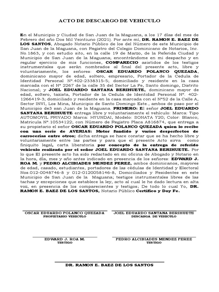 Acto de Descargo VEhiculo | PDF | República Dominicana