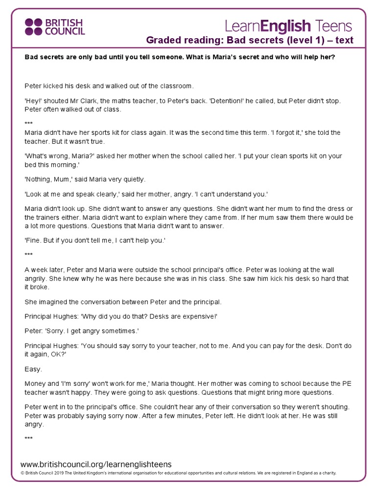 Graded Reading: Bad Secrets (Level 1) - Text | PDF