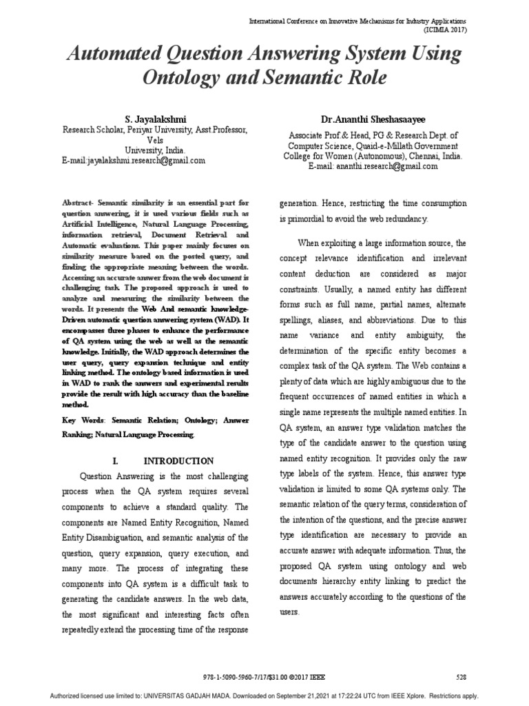2017 Jayalakshmi S Et Al Automated Question Answering System Using Ontology And Semantic Role