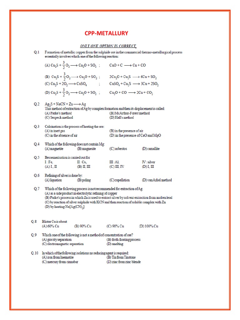 Chem Metallurgy Fiitjee DPP | PDF