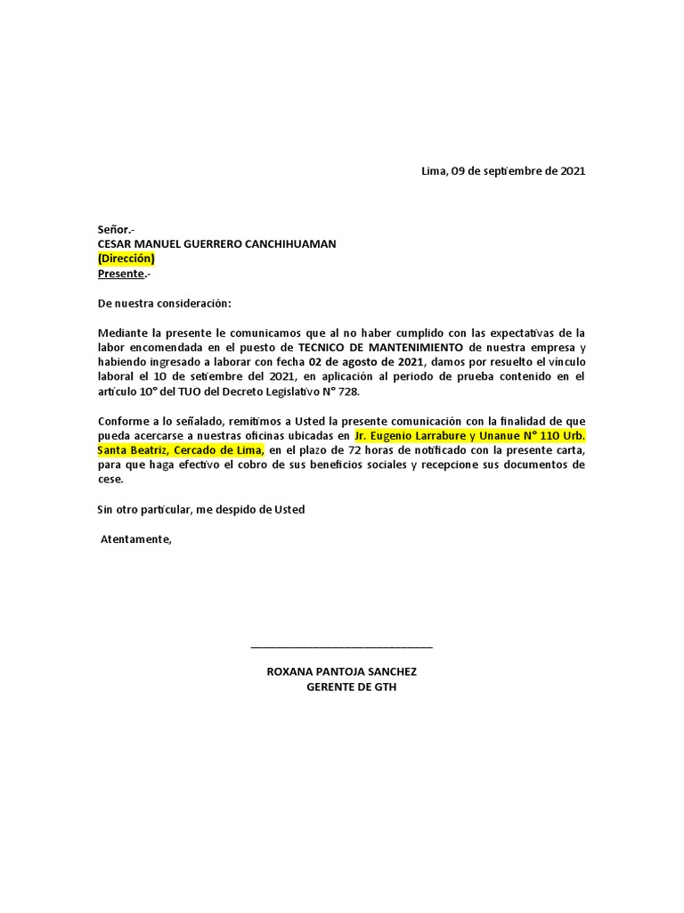 Carta de Cese PERIODO DE PRUEBA - CESAR MANUEL GUERRERO | PDF