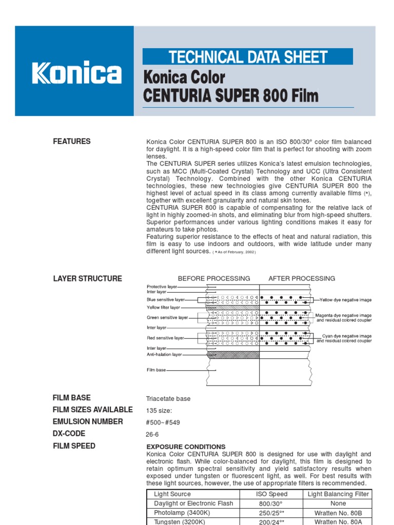 Konica Centuria Super 800 Film: Technical Data Sheet | PDF | Exposure ...