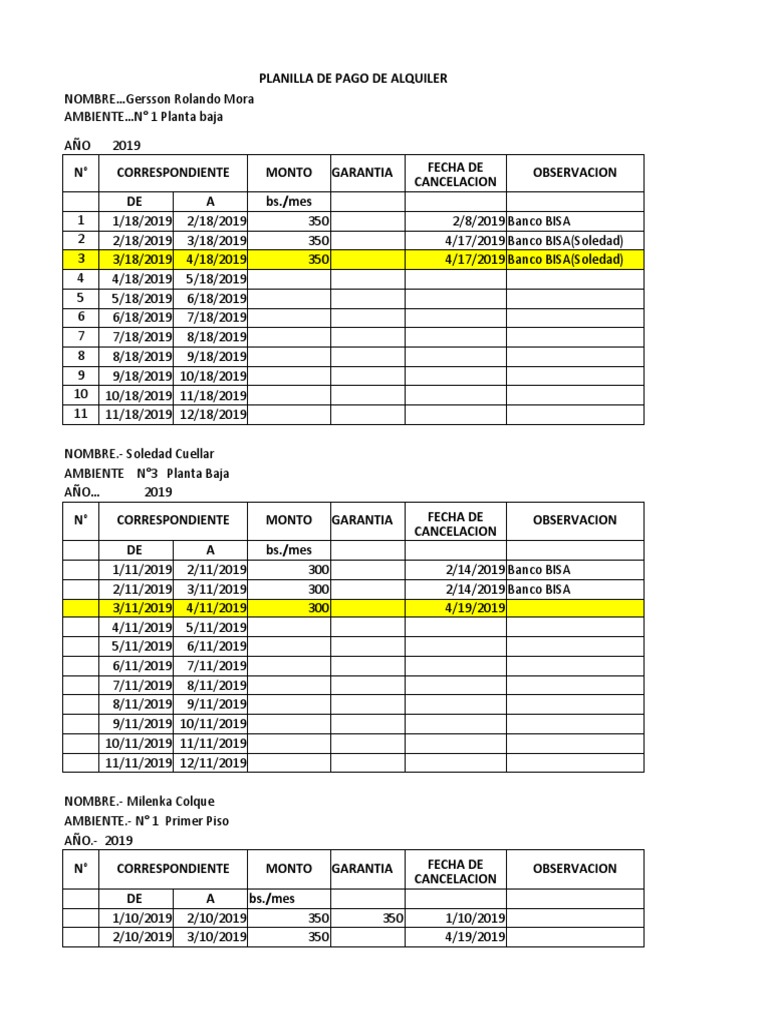 Planilla de Pago de Alquiler 2019 | PDF