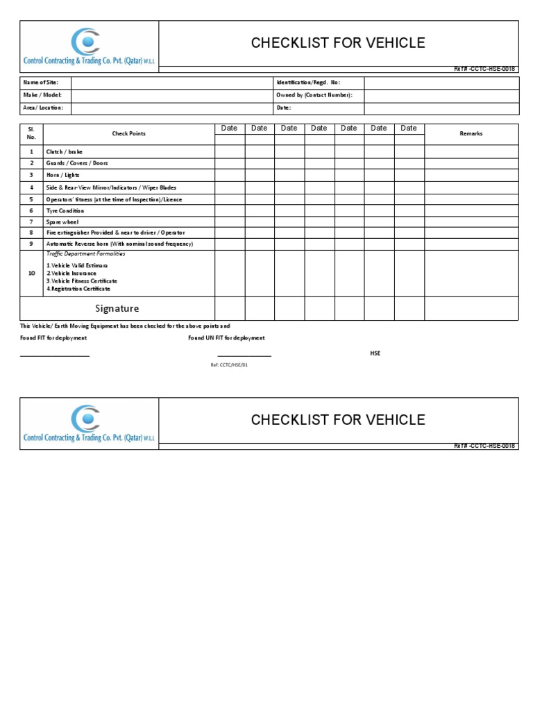 18-Check List For Vehicle | PDF