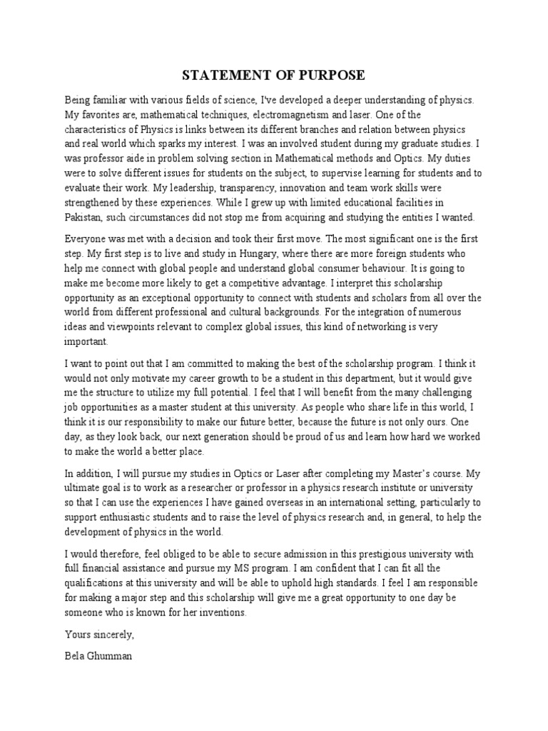 Statement of Purpose | PDF | Physics | Behavior Modification