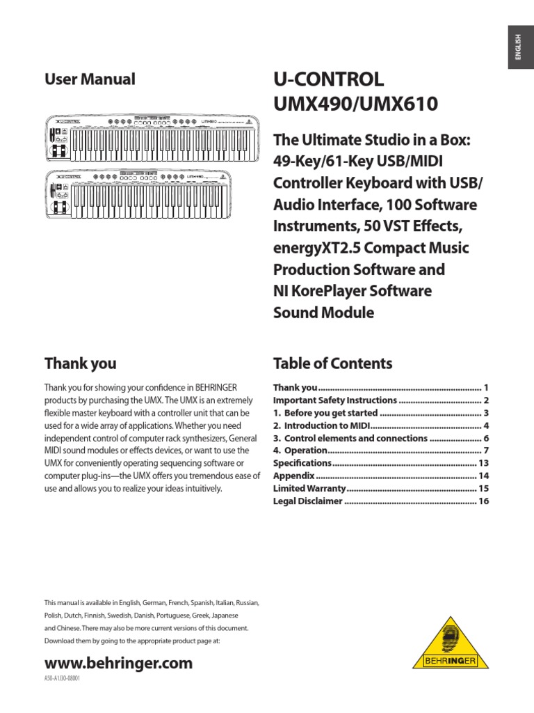 U-Control UMX490/UMX610: User Manual | PDF | Usb | Synthesizer