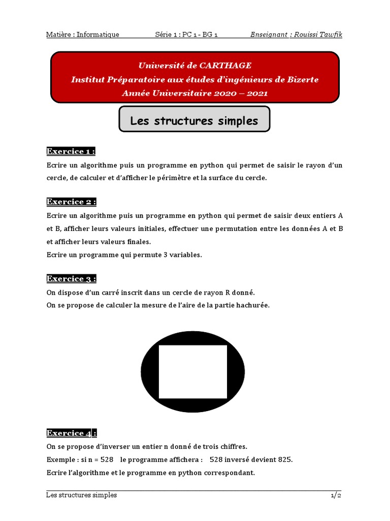 2021 Serie 1 Structures Simples | PDF | Python (Langage de ...