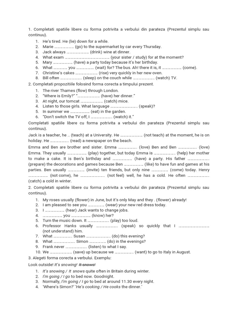 Test Engleza Clasa A 4a Prezentul Simplu Si Continuu | PDF