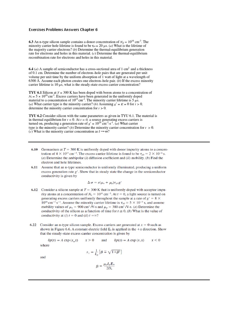 Exercises Problems Answers Chapter 6 | PDF | Semiconductors | Doping (Semiconductor)