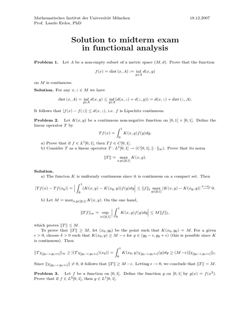 Solution To Midterm Exam in Functional Analysis | PDF | Functional Analysis | Linear Algebra