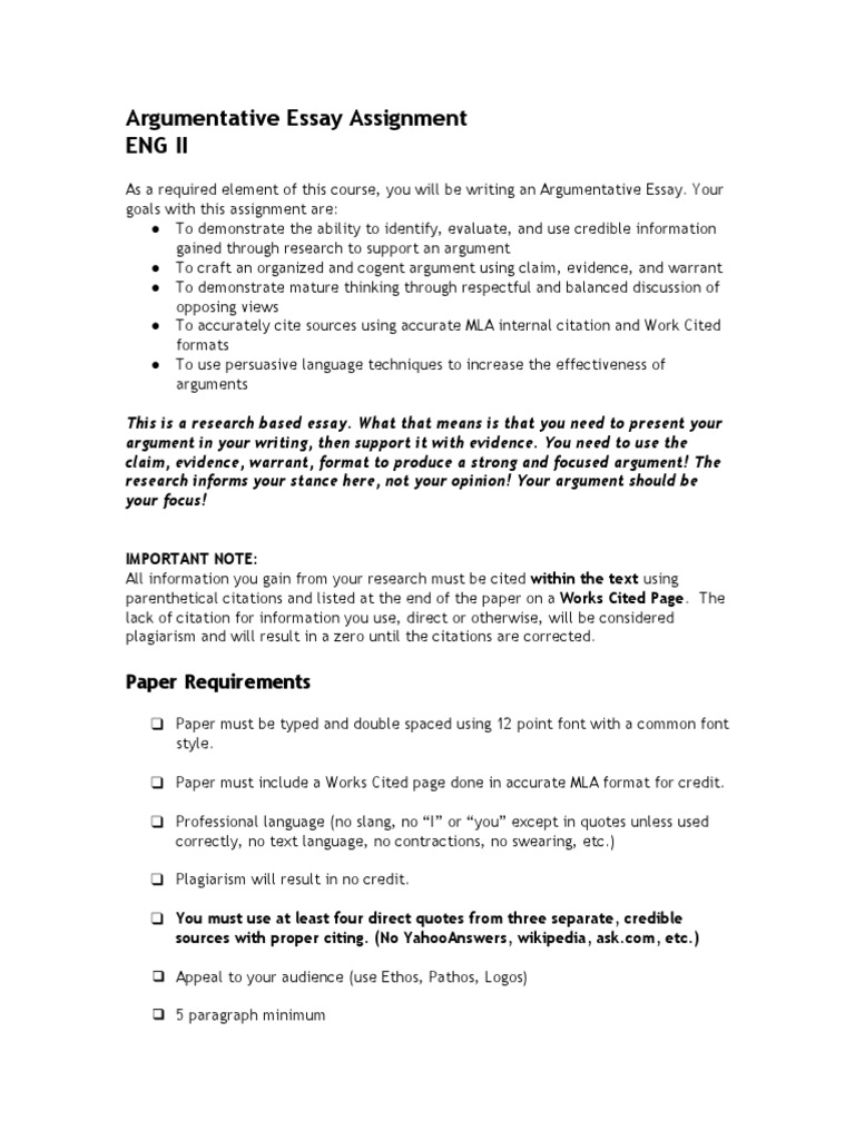 Argumentative Essay Guidelines for ENG II | PDF | Citation | Essays