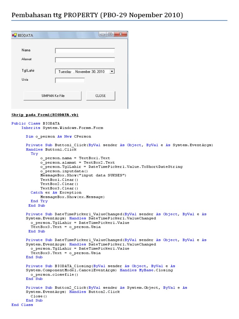 Pembahasan TTG PROPERTY (PBO-29 Nopember 2010) : Skrip Pada Form1 (BIODATA - VB) | PDF ...