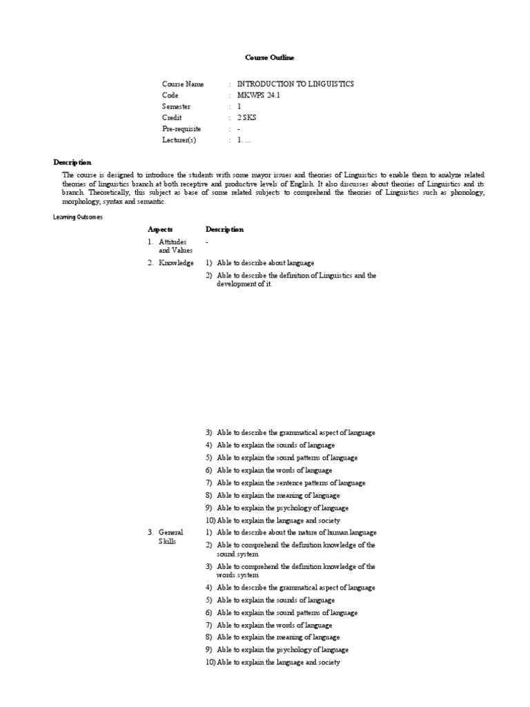 Intro to Linguistics Course Outline | PDF | Linguistics | Word