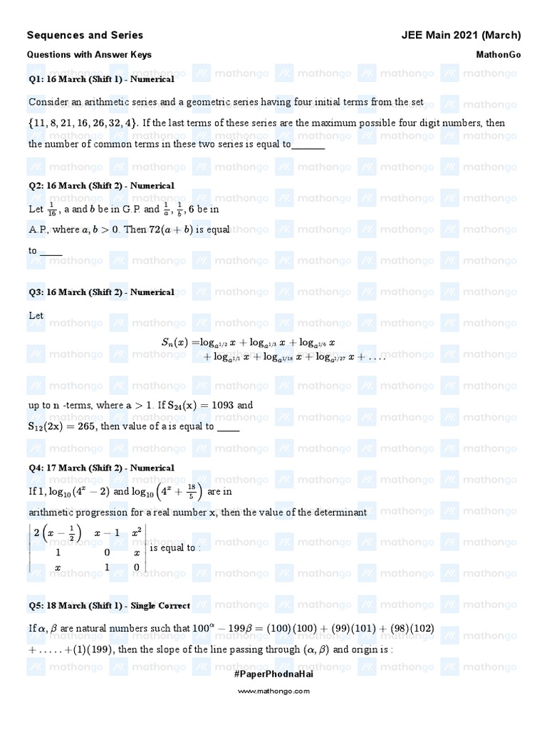 Sequences and Series JEE Main 2021 (March) : Q1: 16 March (Shift 1) - Numerical | PDF ...