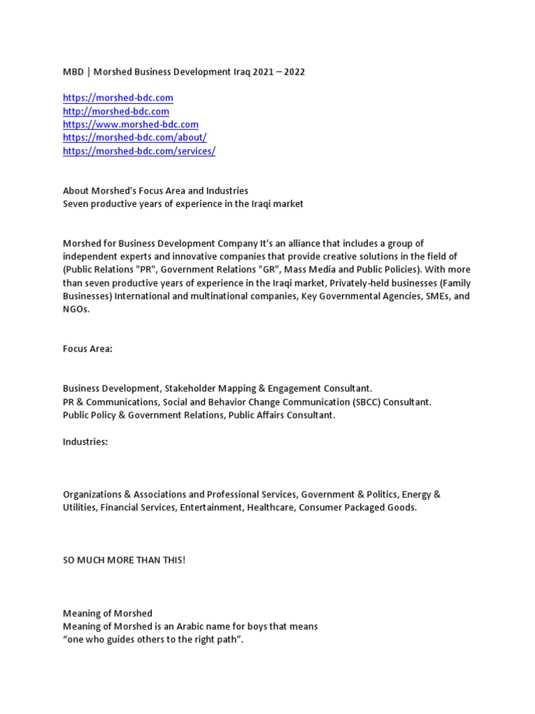 MBD Morshed Business Development Iraq 2021 - 2022 | PDF