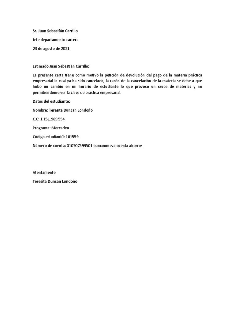 Carta de Petición (Devolución) | PDF