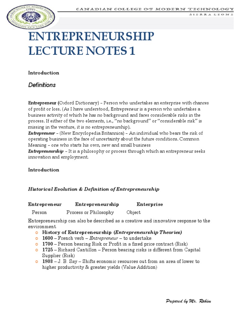 Entrepreneurship Notes 1: Definitions | PDF | Entrepreneurship | Economies