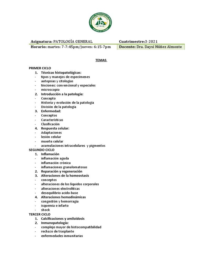 Syllabus for General Pathology Course Offering Overview of Key ...