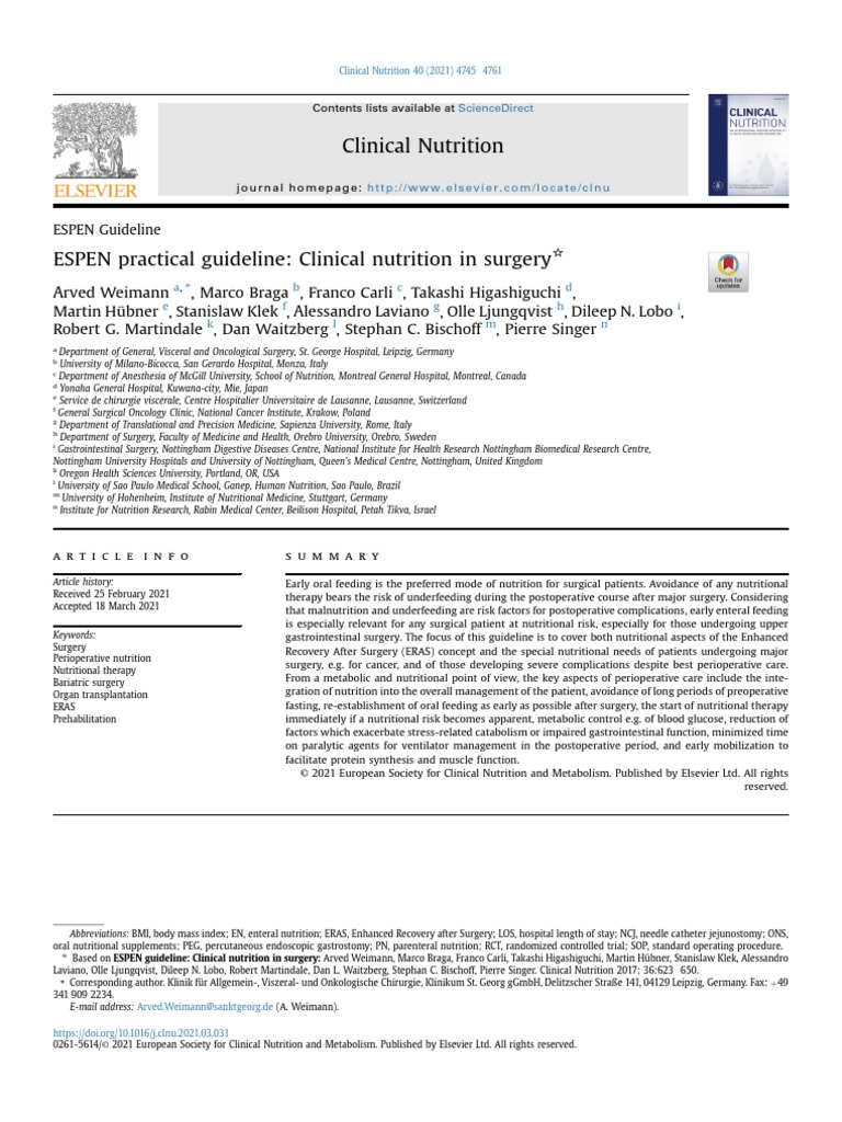 ESPEN Practical Guideline Clinical Nutrition in Surgery | PDF | Surgery | Randomized Controlled ...