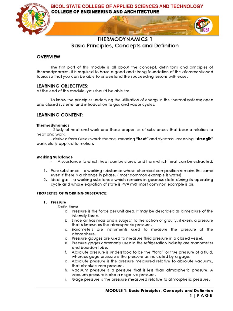 Thermodynamics 1 Basic Principles, Concepts and Definition | PDF | Pressure Measurement | Pressure