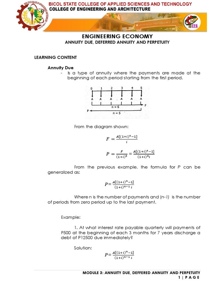 Engineering Economy: Annuity Due, Deferred Annuity and Perpetuity | PDF ...