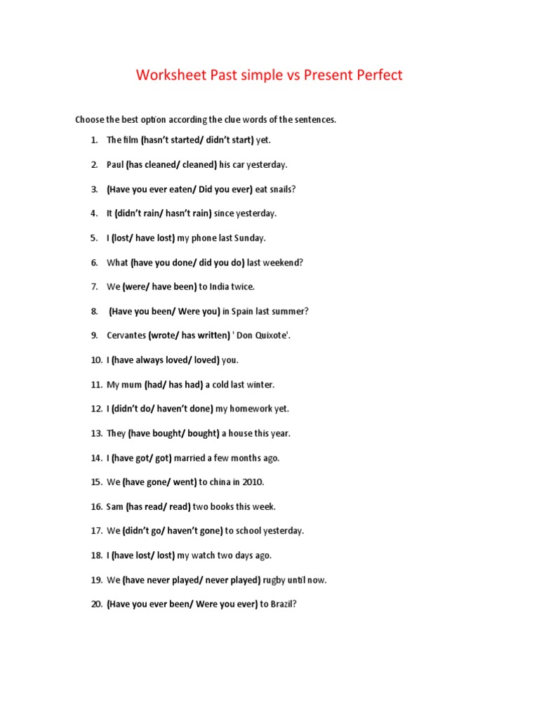 Worksheet Past Simple Vs Present Perfect | PDF