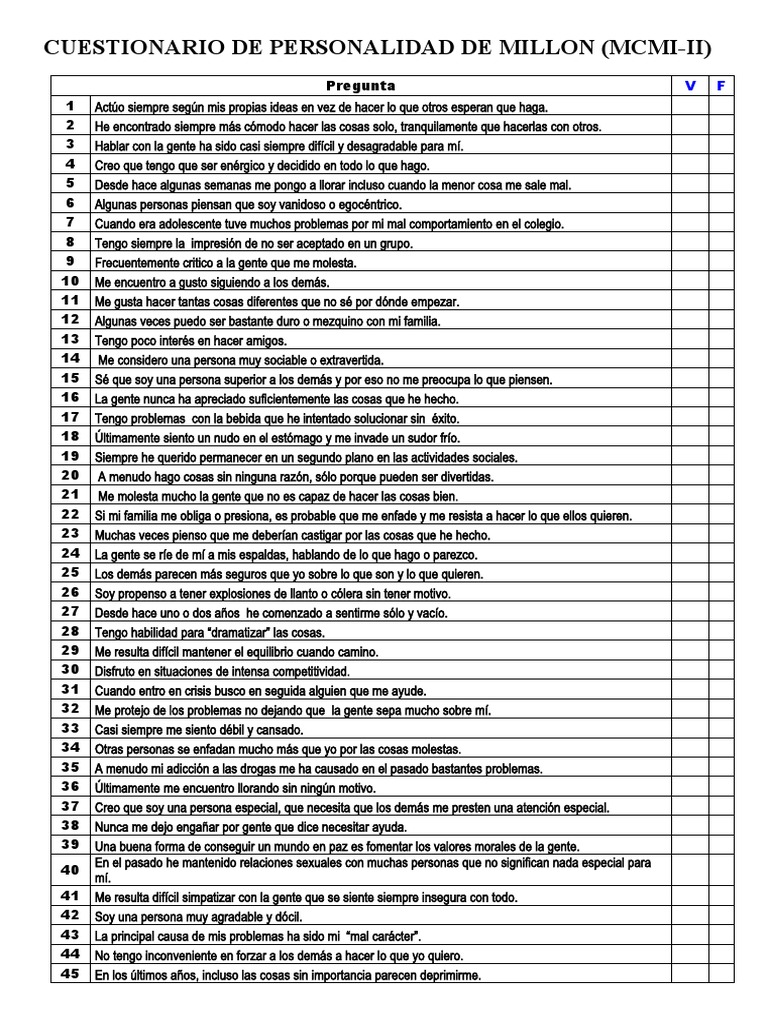 Cuestionario de Personalidad de Millon | PDF | Sicología