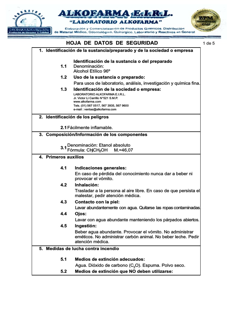 02 MSDS Alcohol 96° | PDF | Etanol | Agua