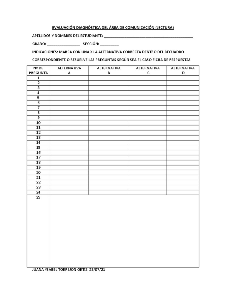 Ficha de Respuestas - Comunicación (Lectura) | PDF