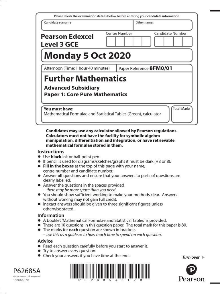 8FM0-01 As Core Pure Mathematics October 2020 Examination Paper PDF 1 ...