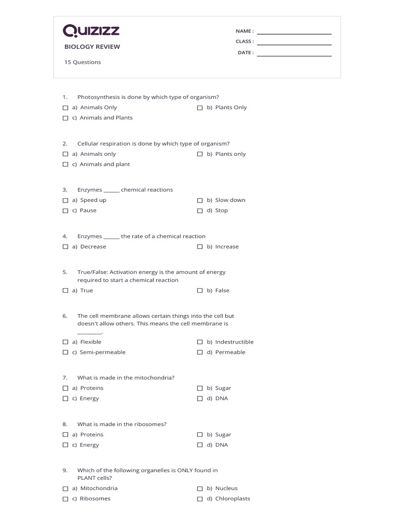 Biology Review Quiz: Key Concepts | PDF | Cell (Biology) | Proteins