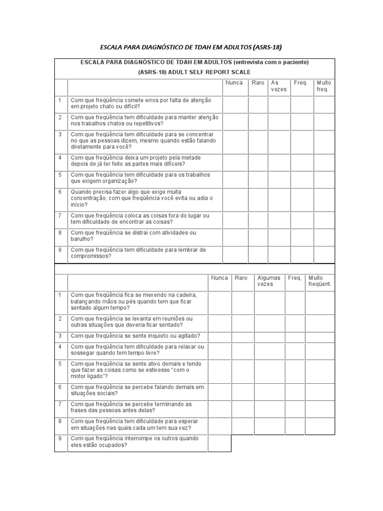 Escala para Diagnóstico de Tdah em Adultos | PDF | Transtorno de ...
