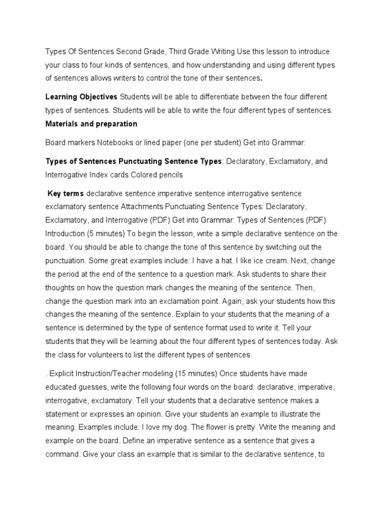 Types of Sentences Second Grade | PDF | Question | Sentence (Linguistics)
