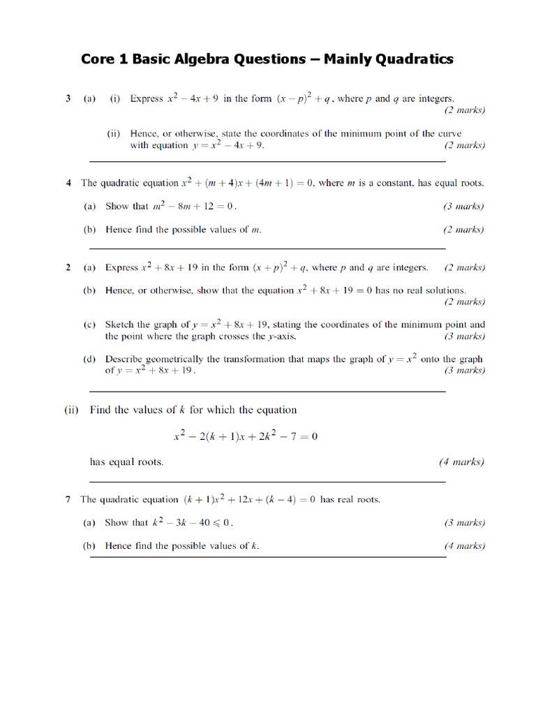 Core 1 Basic Algebra Questions - Mainly Quadratics | PDF