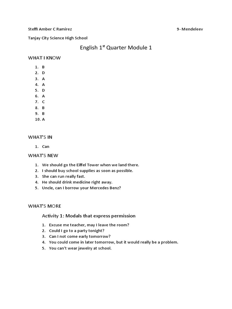Engllish Q1 Module 1 Answer Sheet | PDF | Classroom | Learning