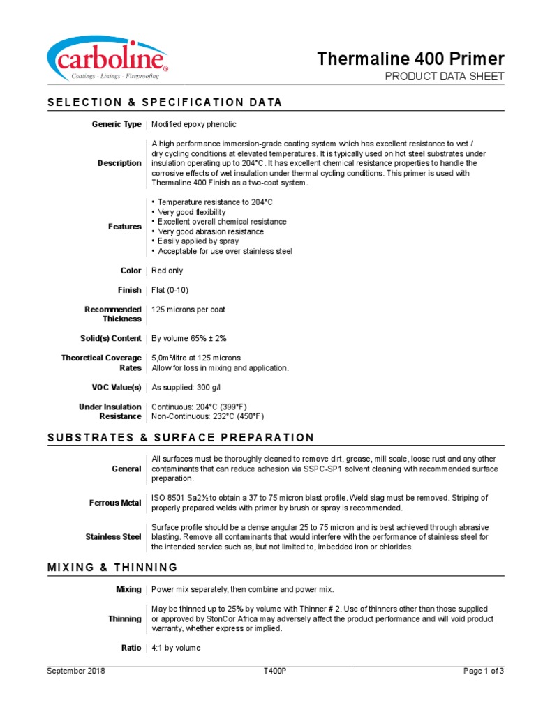 Thermaline 400 Primer PDS | PDF | Cookware And Bakeware | Humidity