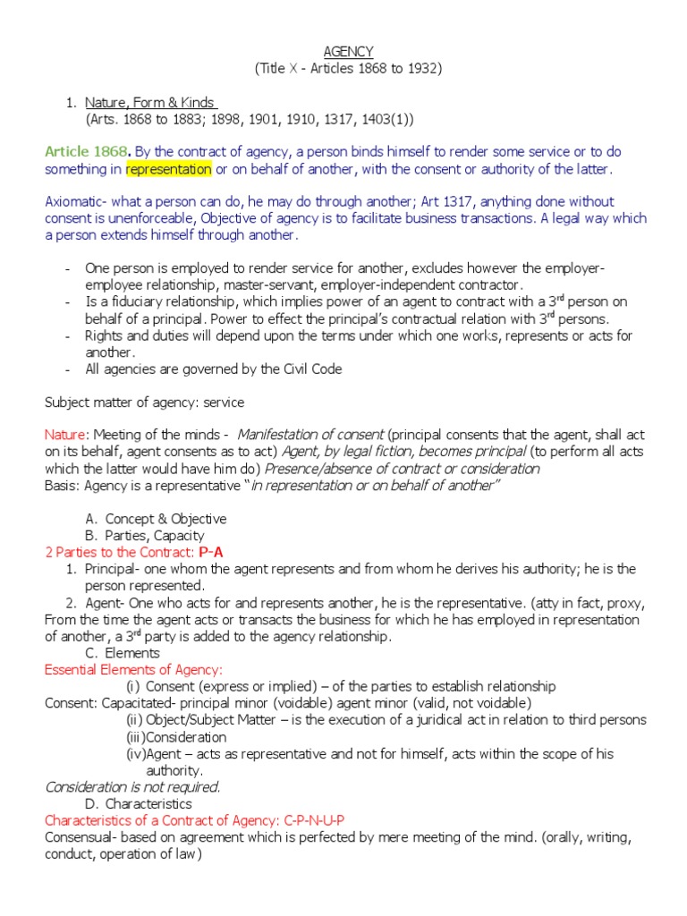 by The Contract of Agency, A Person Binds Himself To Render Some ...