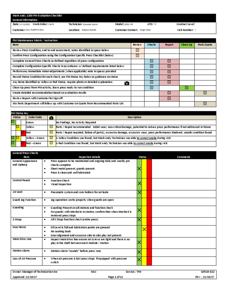 Mark Andy 2200 PM Evaluation Checklist General Information | PDF | Belt ...