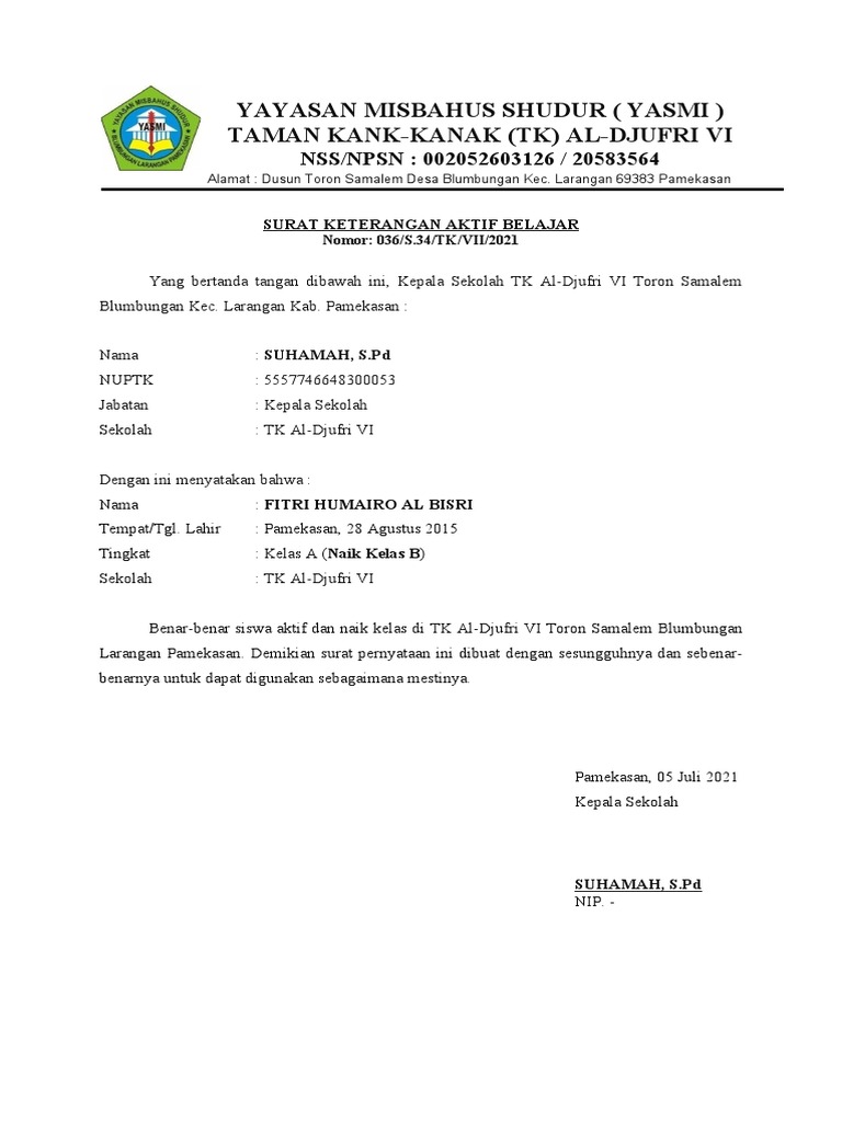 Surat Keterangan Naik Kelas TK | PDF Surat Keterangan Naik Kelas TK | PDF