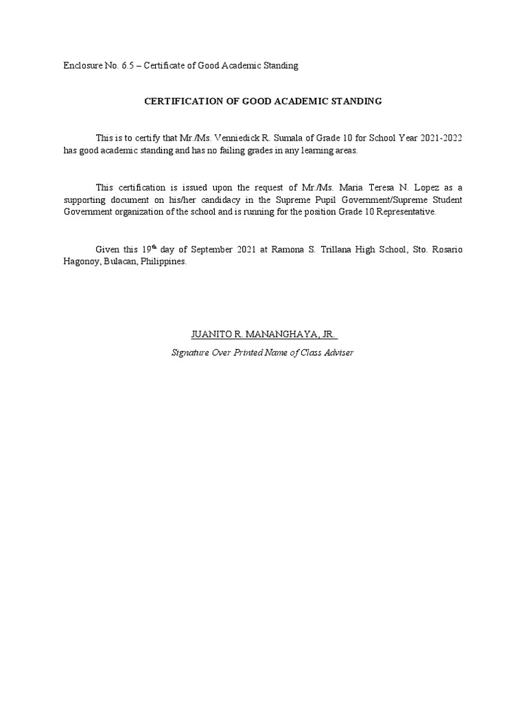 Certificate of Good Academic Standing | PDF