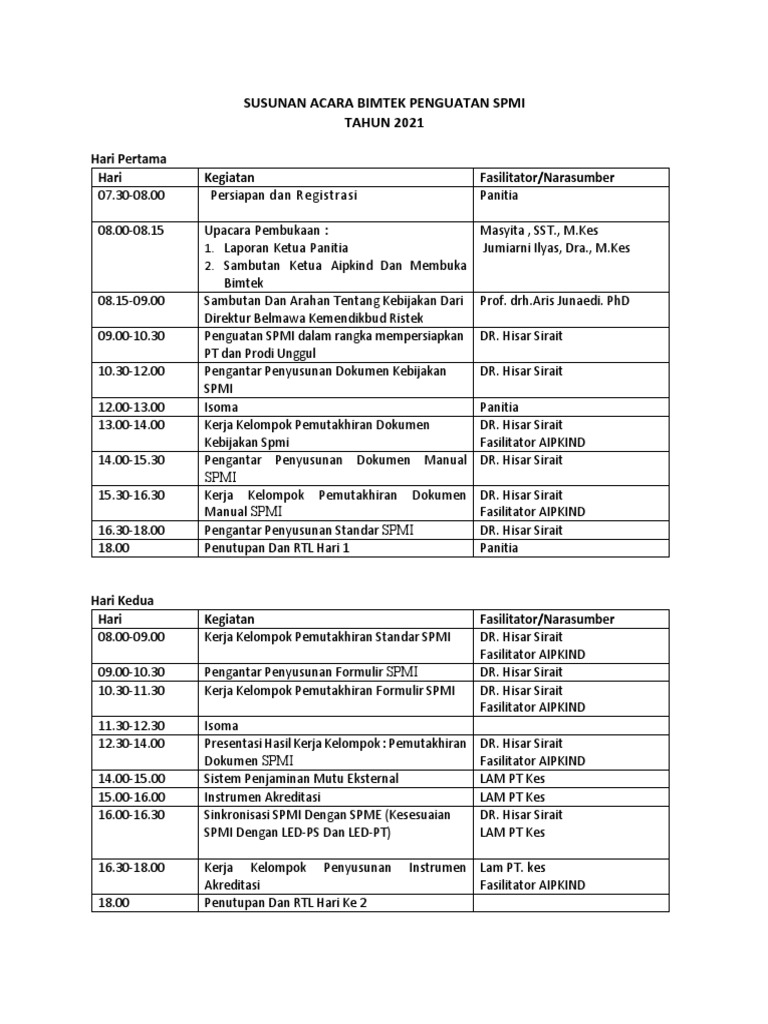 Susunan Acara Bimtek Spmi | PDF