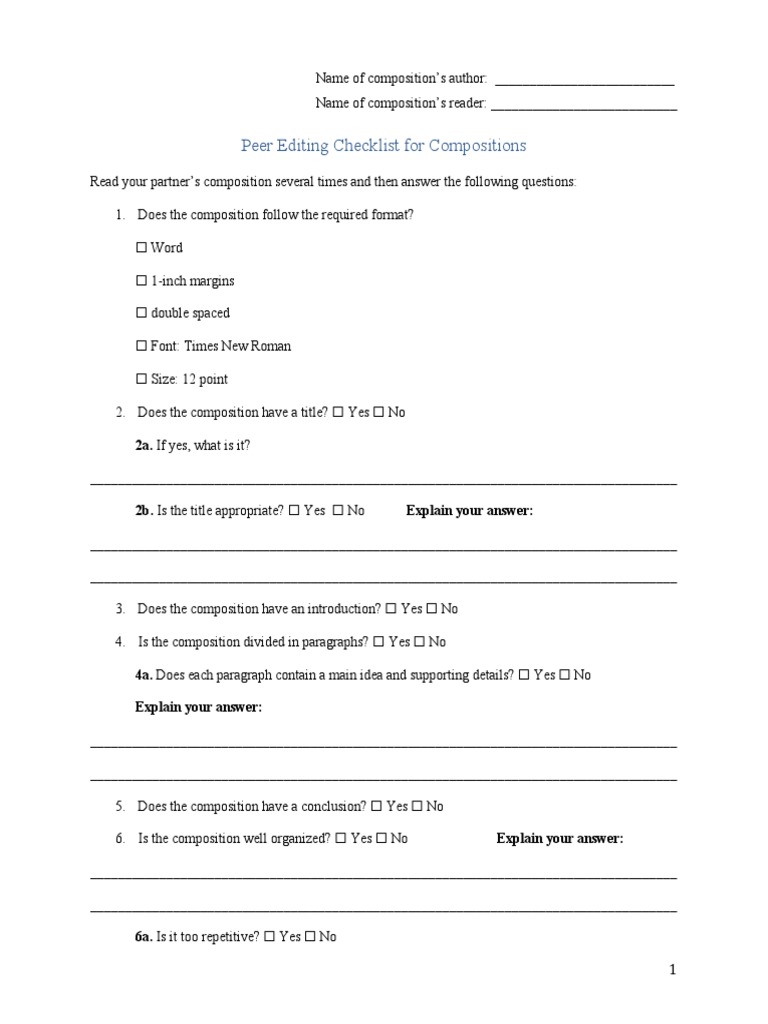 Microsoft Word - Composition Peer Editing - Checklist | PDF | Paragraph ...