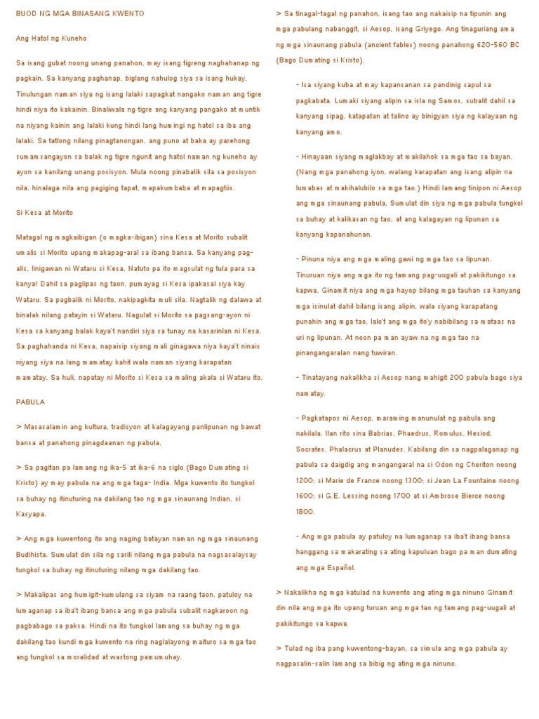 Buod NG Mga Binasang Kwento | PDF