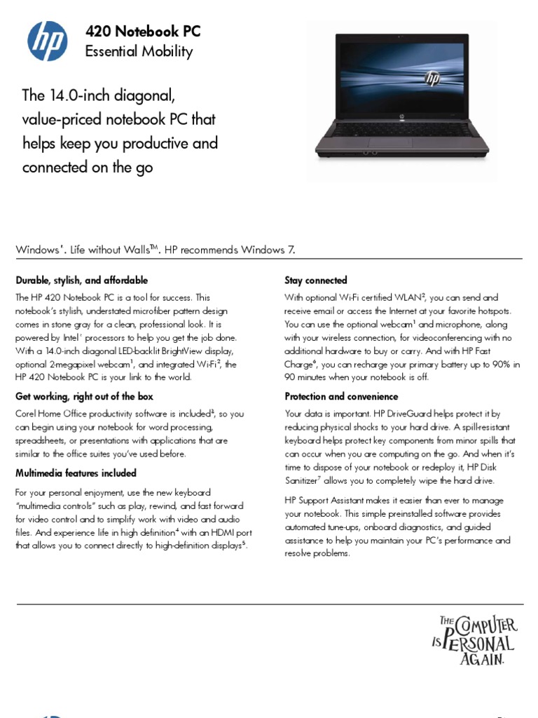 HP 420 Notebook PC | PDF | Laptop | Windows 7