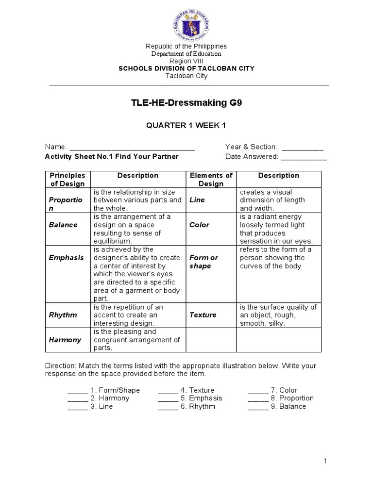 TLE-HE-Dressmaking G9: Quarter 1 Week 1 | PDF | Clothing